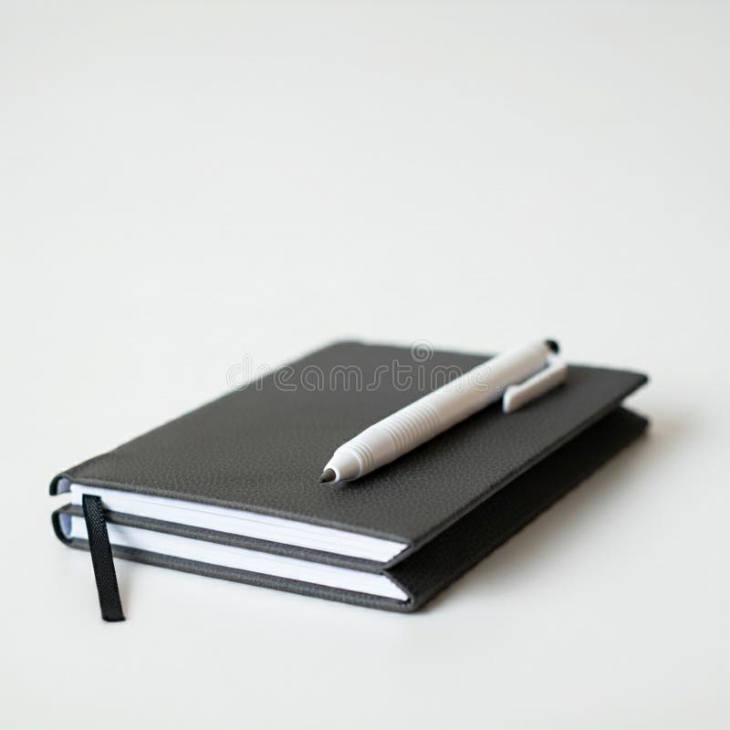A Closed Black Leather-bound Notebook with a Black Ribbon Bookmark Lies ...