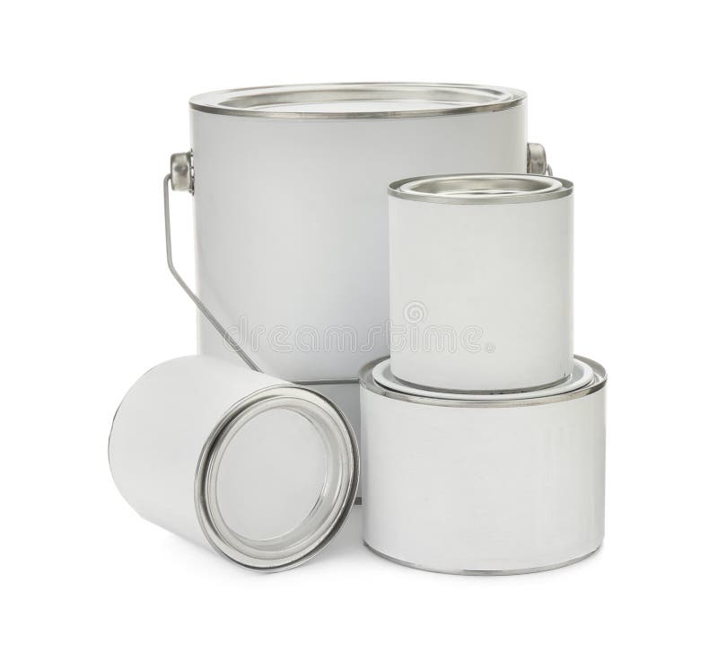 Tin cans with paint, rolle stock image. Image of drawing - 25830935