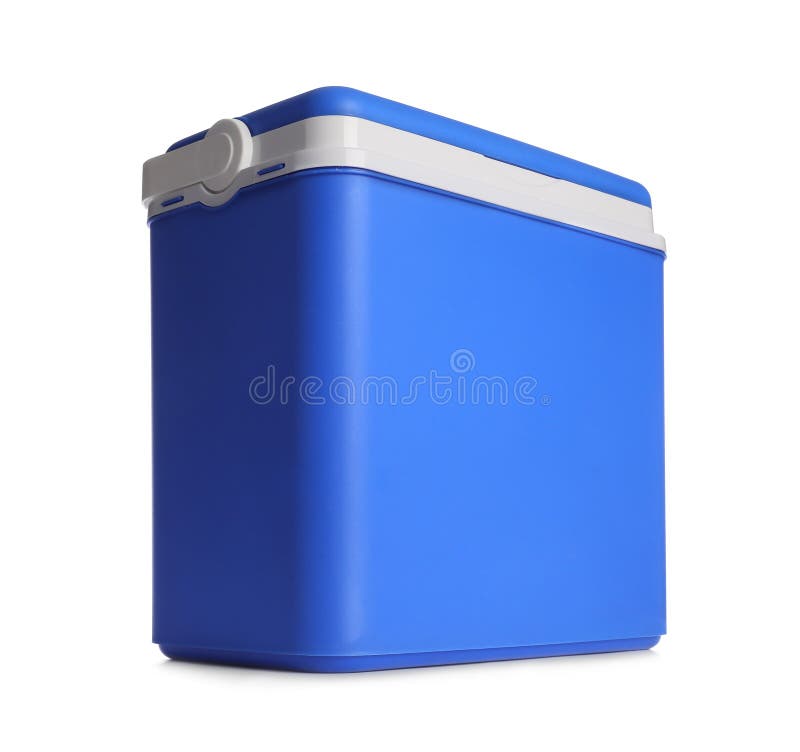 Closed Blue Plastic Cool Box Isolated on White, Low Angle View Stock ...