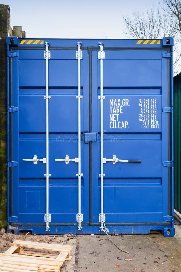 Closed Blue Shipping Cargo Container, Gate Side Stock Image - Image of ...