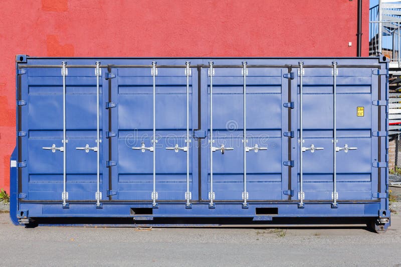 Closed Blue Standard Cargo Container Stock Image - Image of flat, load ...