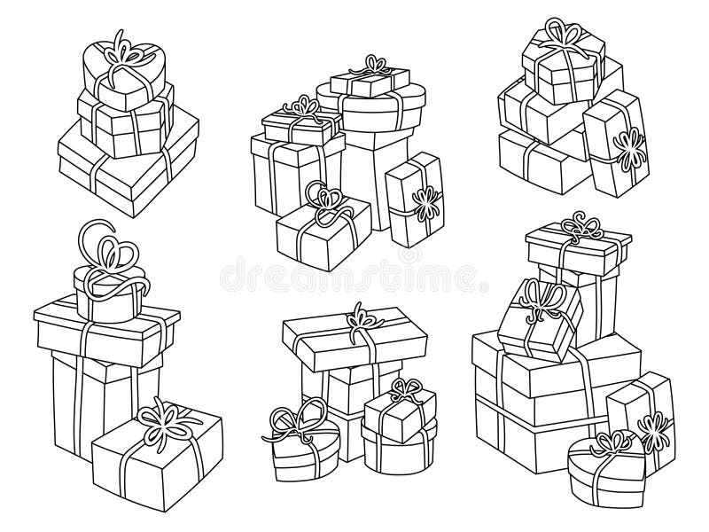 Hand Drawn Vector Illustrations of Piles of Simple, Closed Wrapped Gift ...
