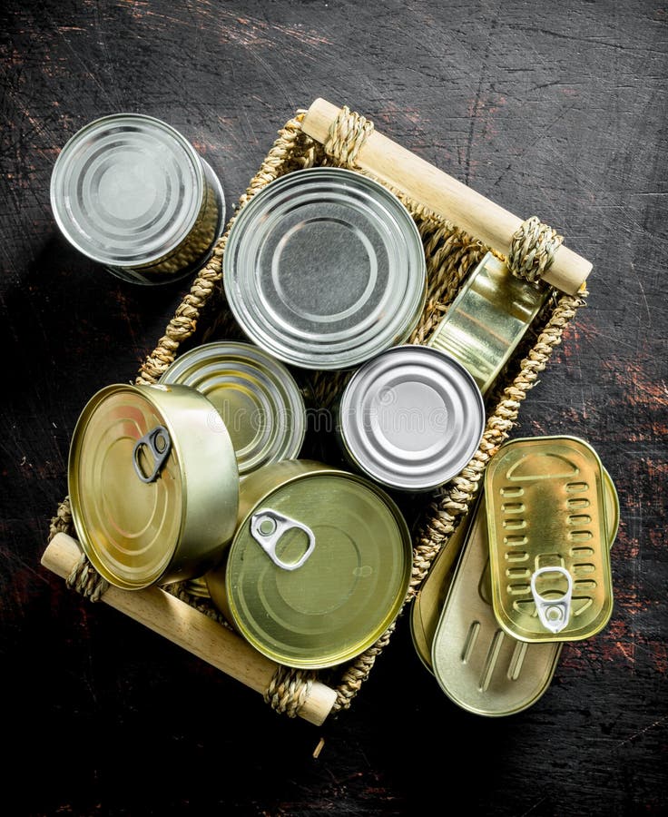 Closed Cans of Canned Food on Tray Stock Photo - Image of packaging ...
