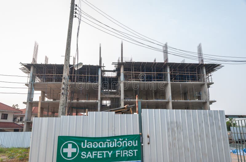 Closed Construction Site with Safety First Sign in Thai Stock Photo ...