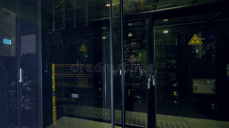 Closed Glass Doors into a Data Center Room. Stock Video - Video of rack ...