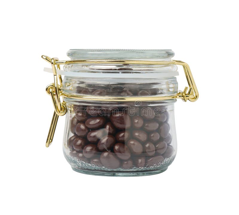 Closed Glass Jar with Dragee Chocolate-covered Raisins, Isolated on ...