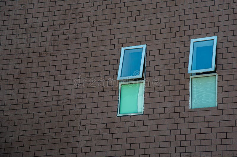 Closed Glass Windows Brick Brown Wall Stock Image - Image of green ...