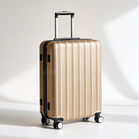 A Closed, Gold-colored Hard-shell Suitcase Stands Against a Plain ...