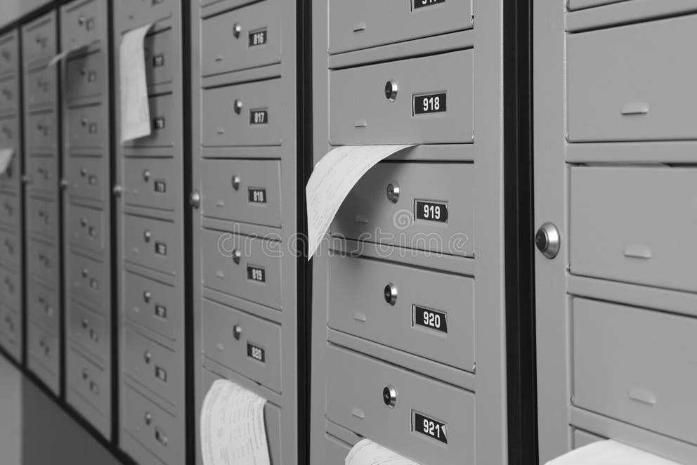 Closed Grey Metal Mailboxes with Receipts Indoors Stock Photo - Image ...