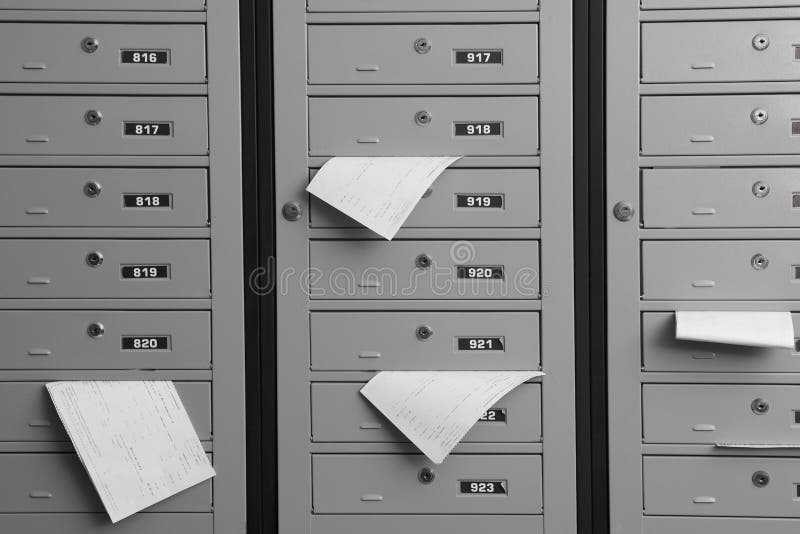 Closed Grey Metal Mailboxes with Receipts Indoors Stock Photo - Image ...