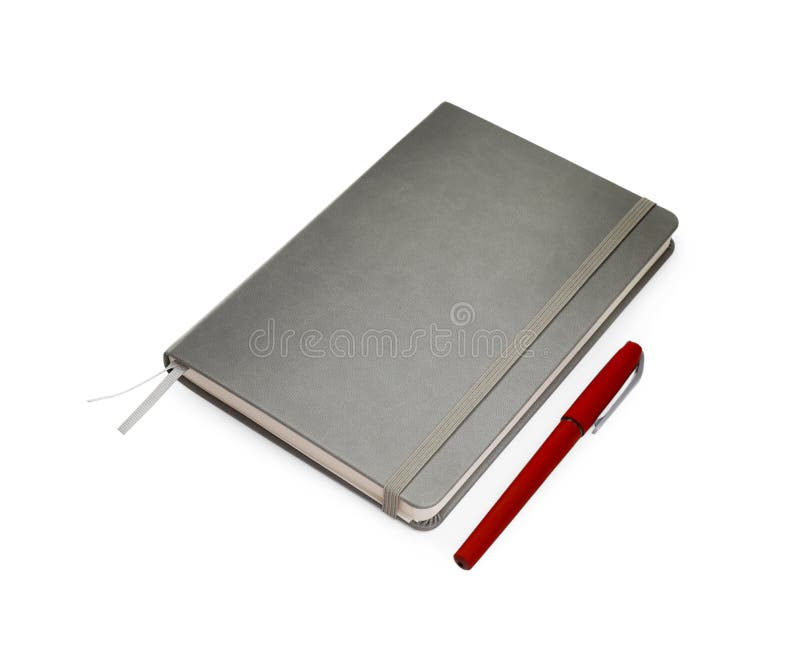 Closed Grey Notebook with Pen Isolated on White Stock Photo - Image of ...