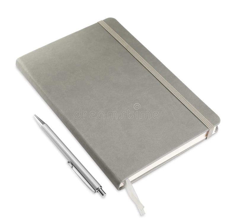 Closed Grey Notebook with Pen Isolated on White Stock Photo - Image of ...