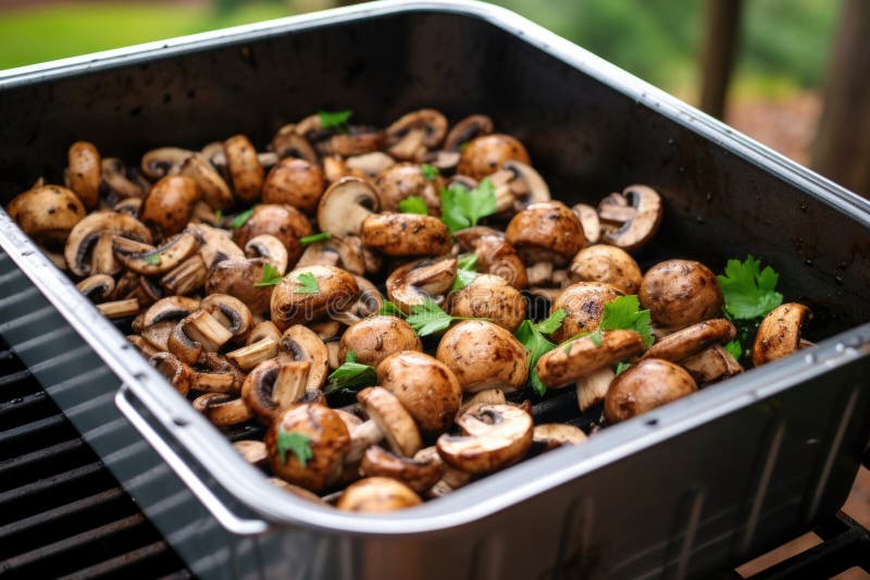 Closed Grill Container Filled with Grilling Mushrooms Stock Photo ...