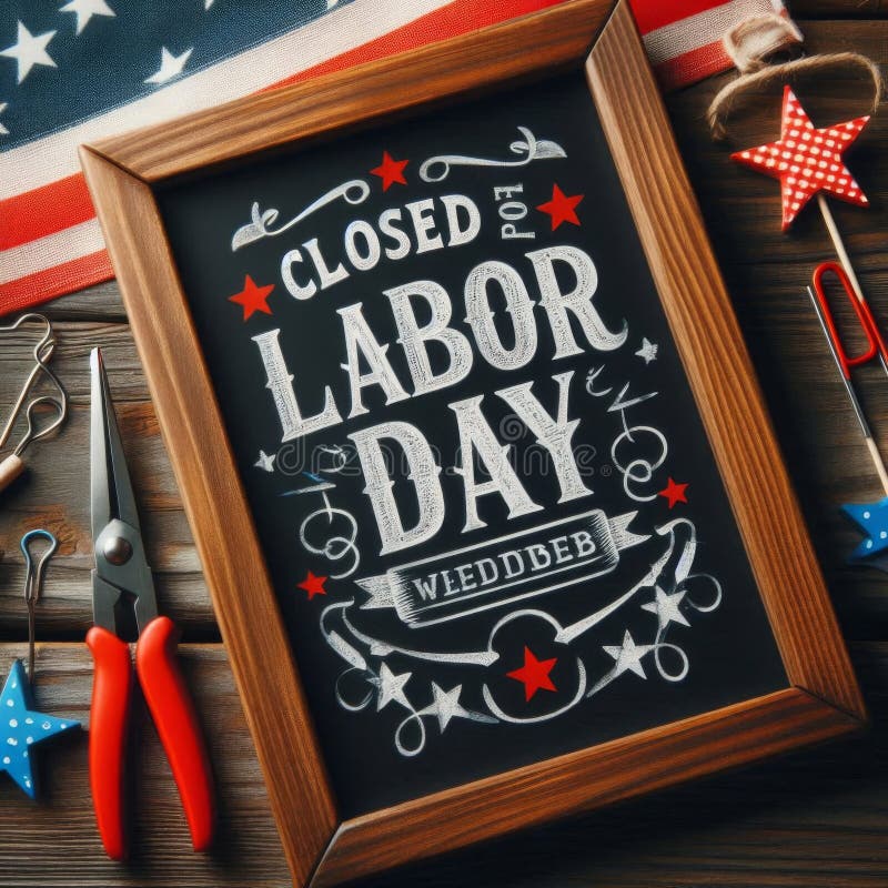 Closed for Labor Day Message on Chalkboard with Red and Blue Stars on ...
