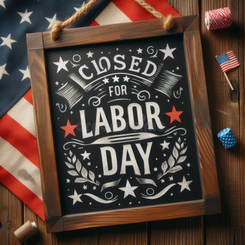 Closed for Labor Day Message on Chalkboard with Red and Blue Stars on ...