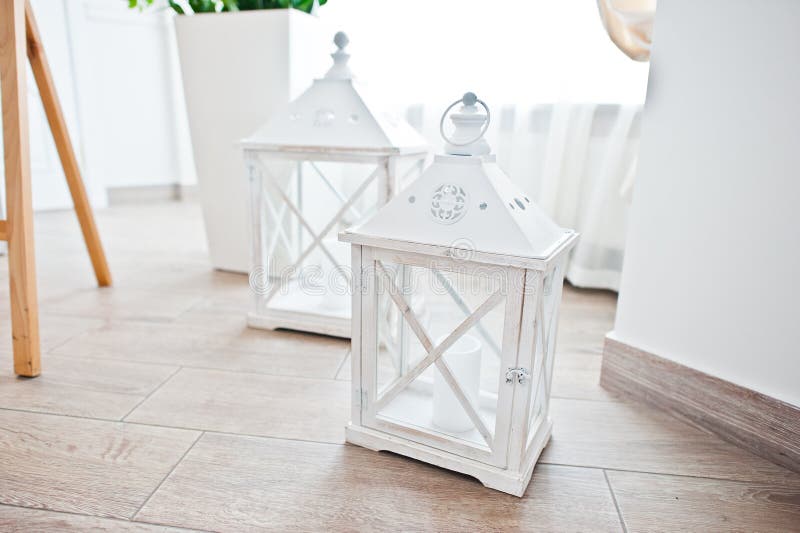 Closed Lantern for Candle at Wooden Box on Wedding Reception. Stock ...