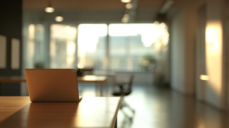 Closed Laptop Lying on Desk in Empty Background Office at Sunset Stock ...