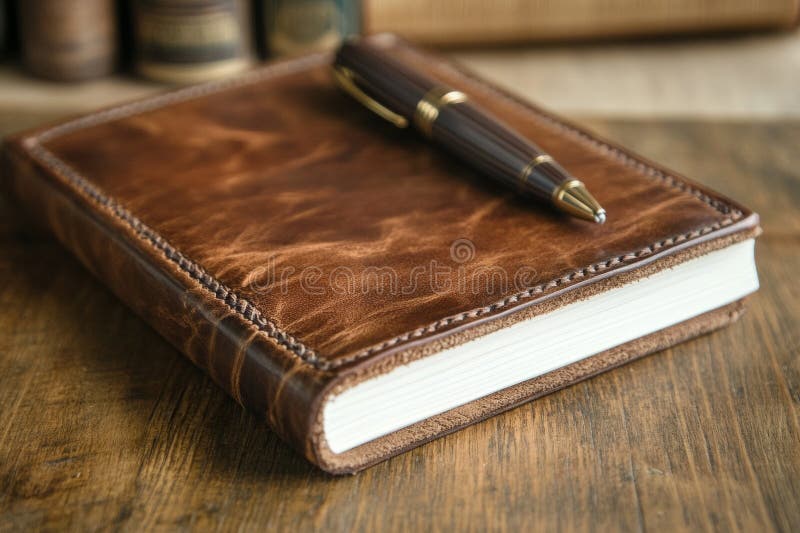 Closed Leather-bound Notebook Lying on a Wooden Table, Showing ...