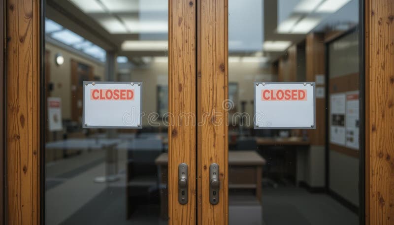 Closed Library Doors with Signs Indicating they are Not Open for ...