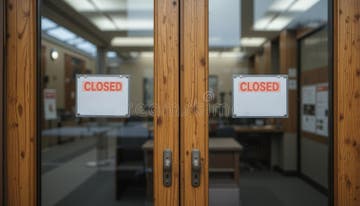 Closed Library Doors with Signs Indicating they are Not Open for ...