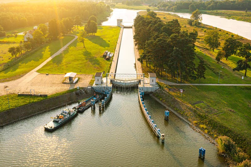 Closed Locks on the River, Transport Water Channel on the River Stock ...
