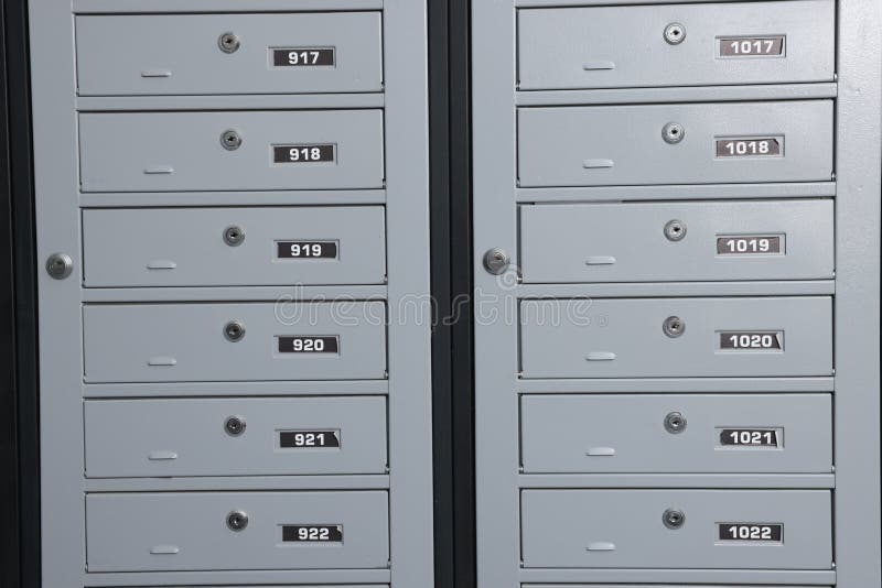 Closed Metal Mailboxes with Keyholes and Sequence Numbers Indoors Stock ...