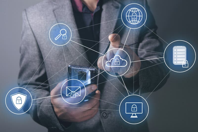 Closed Network Icons. Network with a Lock. Man Tapping on the Screen ...