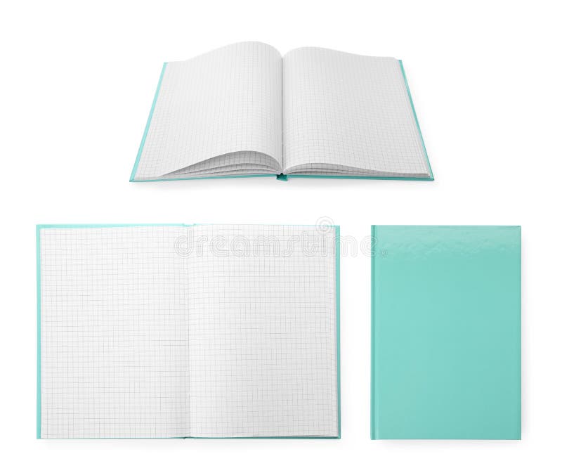 Closed and Open Planners on White Background, Top View. Collage Stock ...