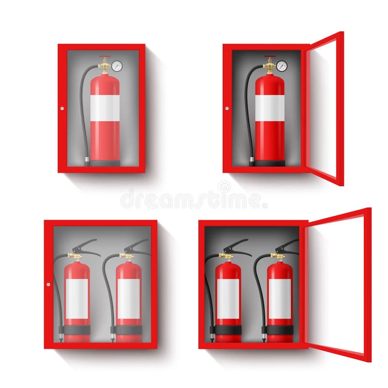 Closed Open Red Box with Fire Extinguisher Set Realistic Vector Safety ...