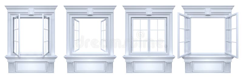 Closed and Open Vintage Windows with Classic Decor. Set of Openings ...
