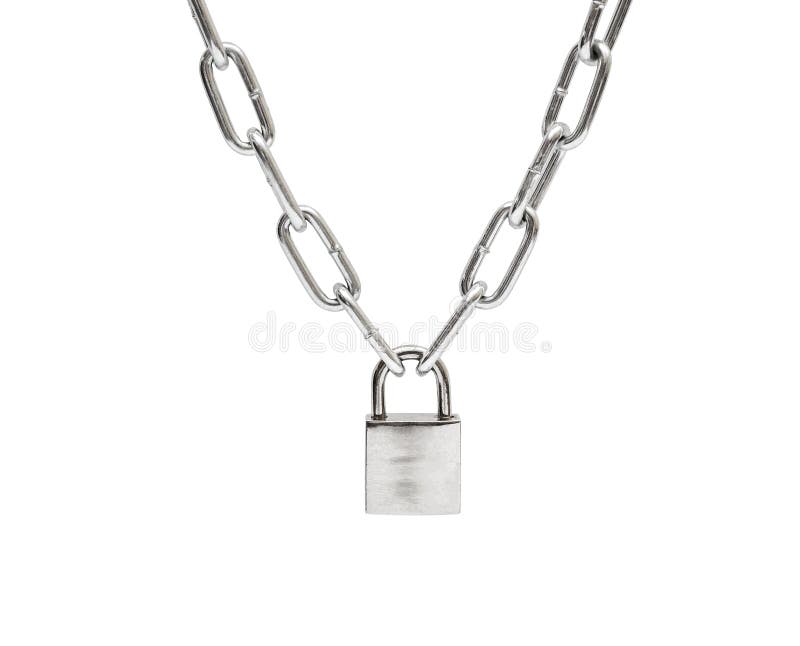 Closed Padlock Hanging on Chains. Isolated on White Stock Photo - Image ...