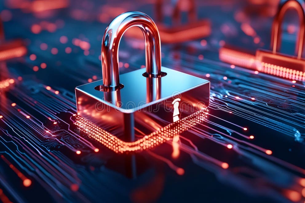 Closed Padlock Securing Digital Data on Computer Motherboard is ...