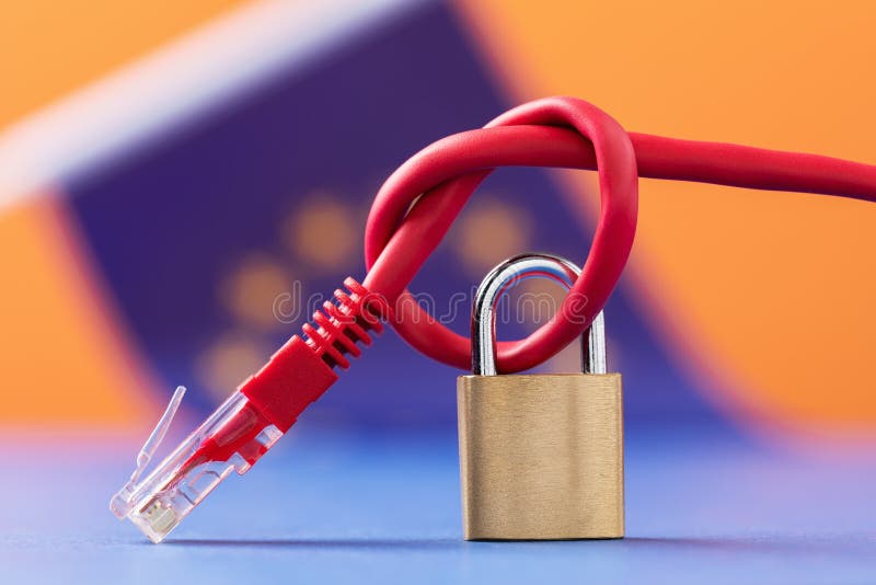 A Closed Padlock on a Tied Network Wire Against the Background of the ...