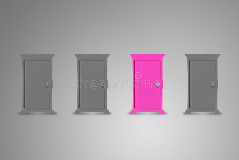 Closed Pink Door Standing Out from Black Doors. Stock Image - Image of ...