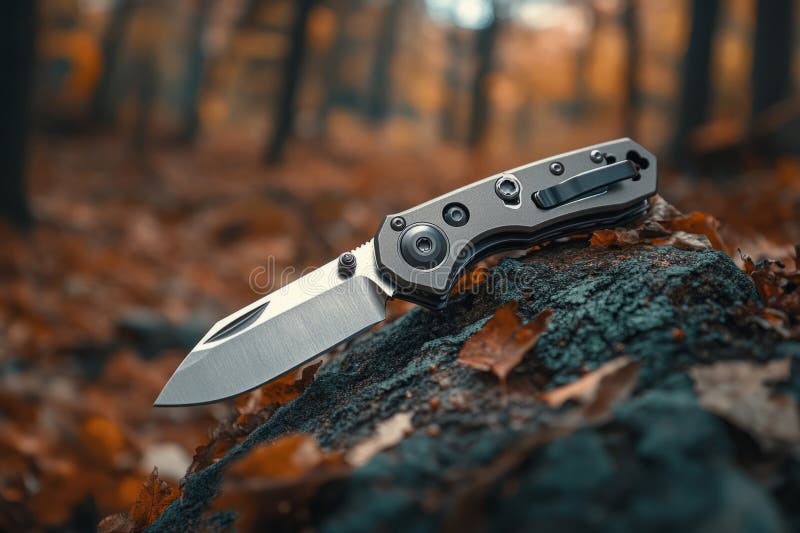 Closed Pocket Knife Lying on a Mossy Rock in a Forest during Fall Stock ...