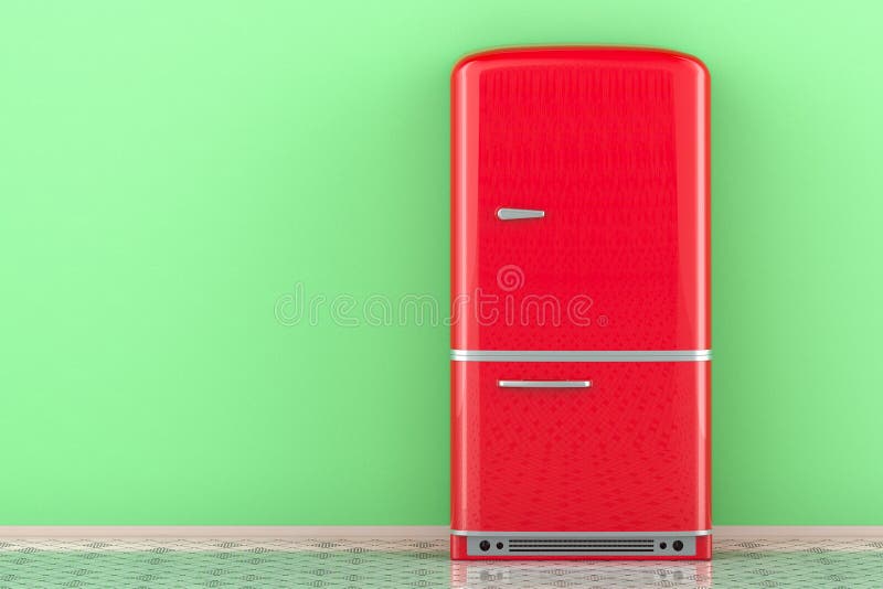 Closed Red Fridge, Retro Design in Room, Front View. 3D Rendering Stock ...