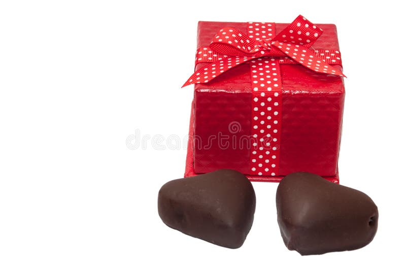 Closed Red Gift Box with Two Hearts of Chocolate Stock Image - Image of ...