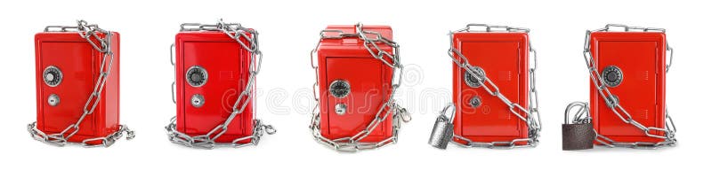Closed Red Steel Safe with Chains and Lock on White Background, View ...