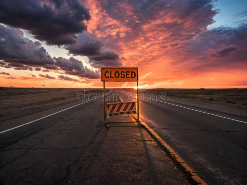 Closed Road at Sunset with Dramatic Sky, Empty Highway Leading into ...