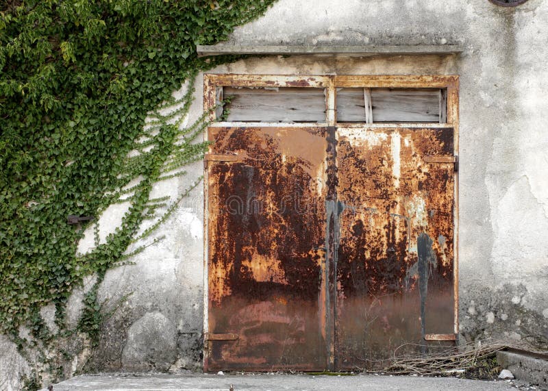 Closed rusty door stock image. Image of green, iron, plant - 13325891