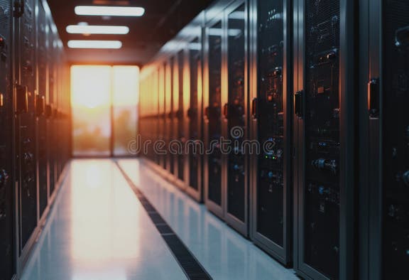 Closed Server Rack Doors with Blank Bezels in a Data Hall at Sunset ...