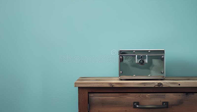 Closed Steel Safe on Wooden Table Against Light Blue Background Stock ...