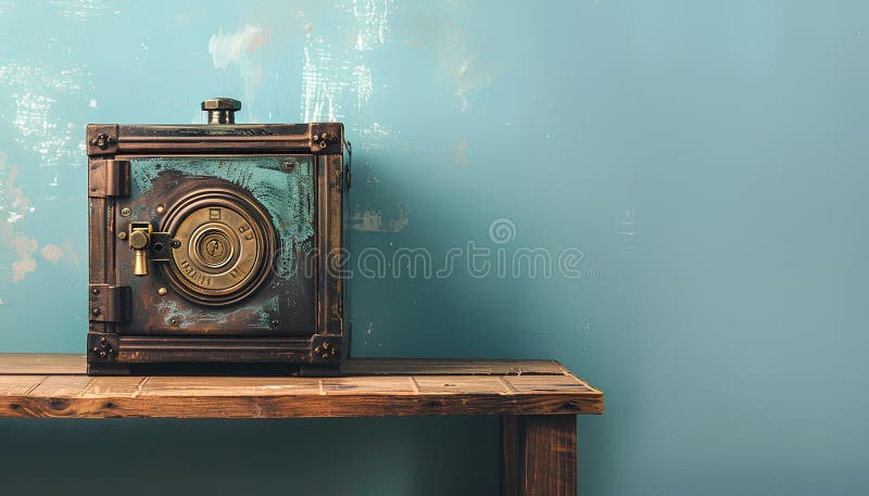 Closed Steel Safe on Wooden Table Against Light Blue Background Stock ...