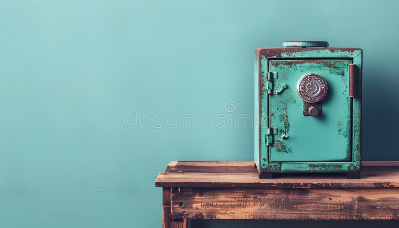 Closed Steel Safe on Wooden Table Against Light Blue Background Stock ...