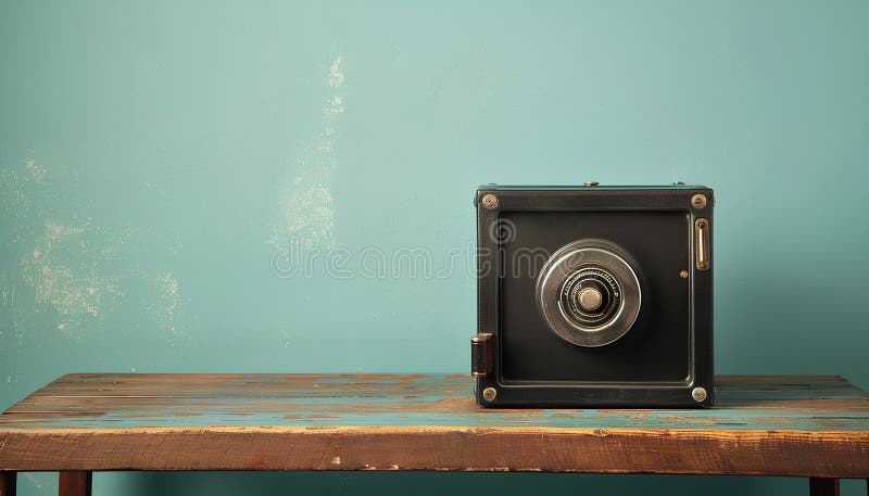 Closed Steel Safe on Wooden Table Against Light Blue Background Stock ...