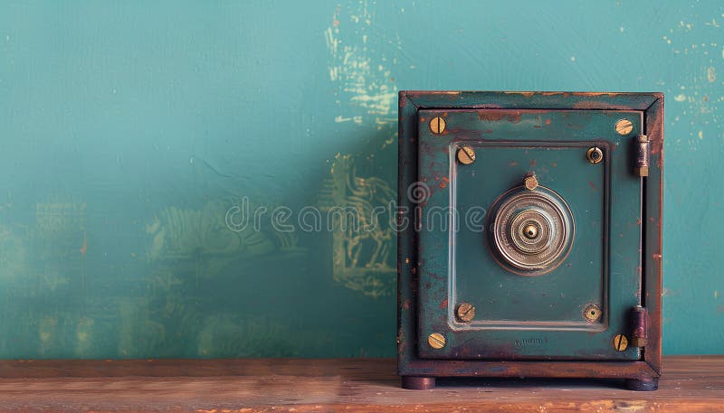 Closed Steel Safe on Wooden Table Against Light Blue Background Stock ...