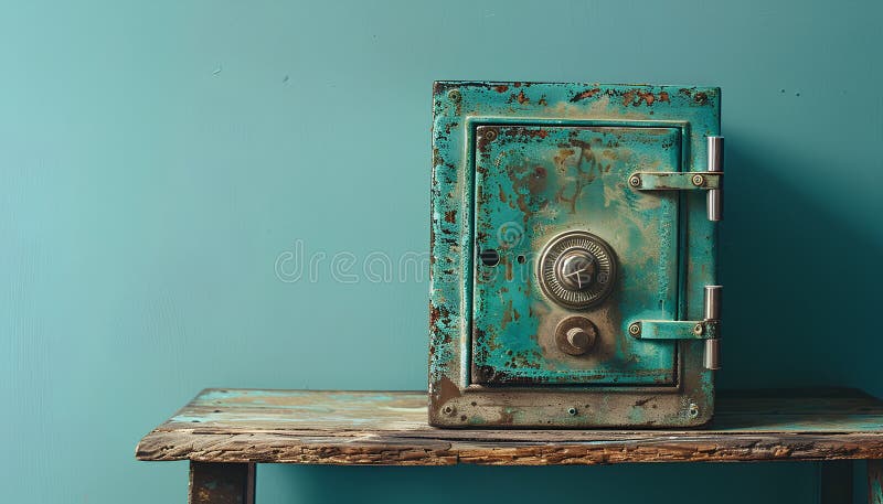 Closed Steel Safe on Wooden Table Against Light Blue Background Stock ...