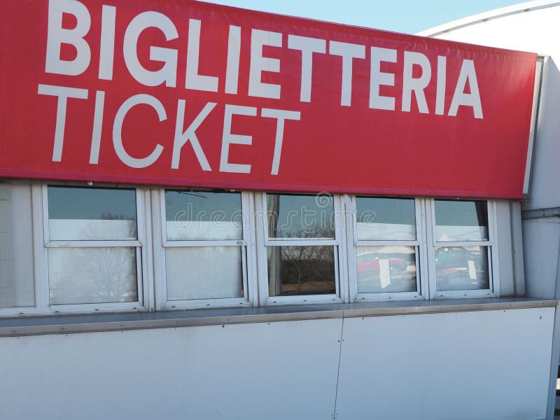 Closed Ticket Box Office Windows Under Big Red Sign Stock Image - Image ...