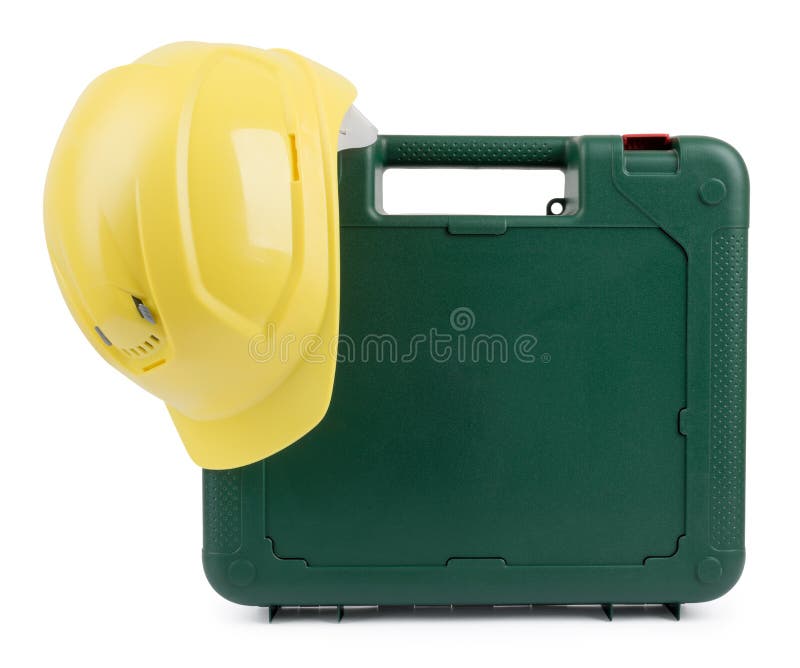 Closed Tool Box with Construction Yellow Helmet Stock Photo - Image of ...