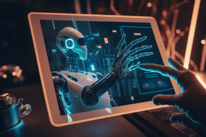 Closed Up Ai Robot Hand Touching Tablet and Showing Ai Data on Screen ...